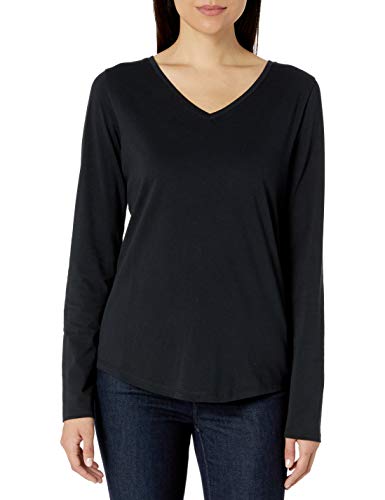 Amazon Essentials Women's Classic-Fit 100% Cotton Long-Sleeve V-Neck T-Shirt, Black, Small