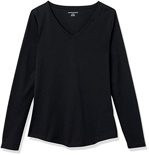 Amazon Essentials Women's Classic-Fit 100% Cotton Long-Sleeve V-Neck T-Shirt, Black, Small