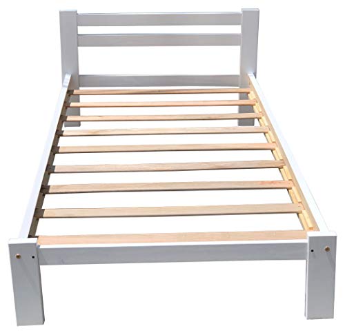 Amazonas Twin Size Bed Frame Solid Pine Wood and Hardwood Slats Support White Finish Wooden White Kids Bed Single Suitable for Boys Girls Bedroom Wooden Bed Frame