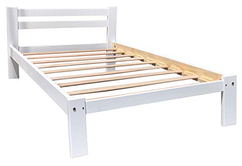 Amazonas Twin Size Bed Frame Solid Pine Wood and Hardwood Slats Support White Finish Wooden White Kids Bed Single Suitable for Boys Girls Bedroom Wooden Bed Frame