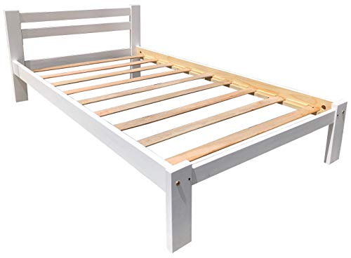 Amazonas Twin Size Bed Frame Solid Pine Wood and Hardwood Slats Support White Finish Wooden White Kids Bed Single Suitable for Boys Girls Bedroom Wooden Bed Frame