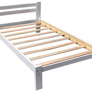 Amazonas Twin Size Bed Frame Solid Pine Wood and Hardwood Slats Support White Finish Wooden White Kids Bed Single Suitable for Boys Girls Bedroom Wooden Bed Frame