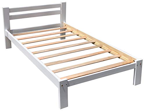 Amazonas Twin Size Bed Frame Solid Pine Wood and Hardwood Slats Support White Finish Wooden White Kids Bed Single Suitable for Boys Girls Bedroom Wooden Bed Frame