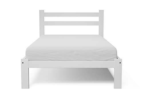 Amazonas Twin Size Bed Frame Solid Pine Wood and Hardwood Slats Support White Finish Wooden White Kids Bed Single Suitable for Boys Girls Bedroom Wooden Bed Frame