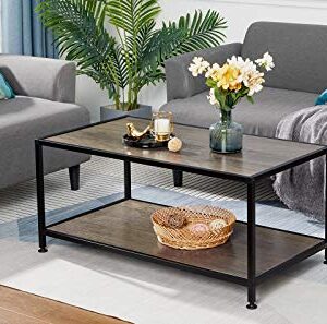 GreenForest Coffee Table Industrial with 2 Tier Storage Shelf for Living Room Modern Coffee Table 39.3 x 21.4 inch, Easy to Install, Rustic Walnut