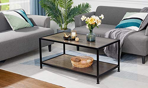 GreenForest Coffee Table Industrial with 2 Tier Storage Shelf for Living Room Modern Coffee Table 39.3 x 21.4 inch, Easy to Install, Rustic Walnut