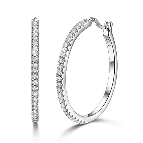 925 Sterling Silver Round Hoops Loops Earrings Paved Cubic Zircon Halo CZ Women Ear Jewelry (Hoop Earring 30MM)