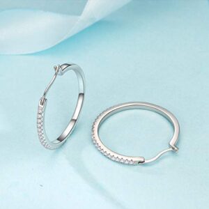 925 Sterling Silver Round Hoops Loops Earrings Paved Cubic Zircon Halo CZ Women Ear Jewelry (Hoop Earring 30MM)