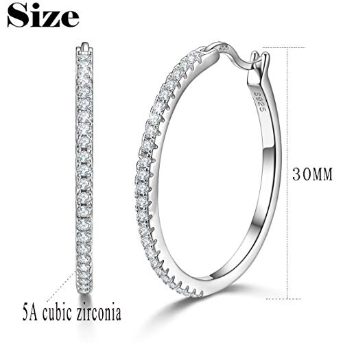 925 Sterling Silver Round Hoops Loops Earrings Paved Cubic Zircon Halo CZ Women Ear Jewelry (Hoop Earring 30MM)