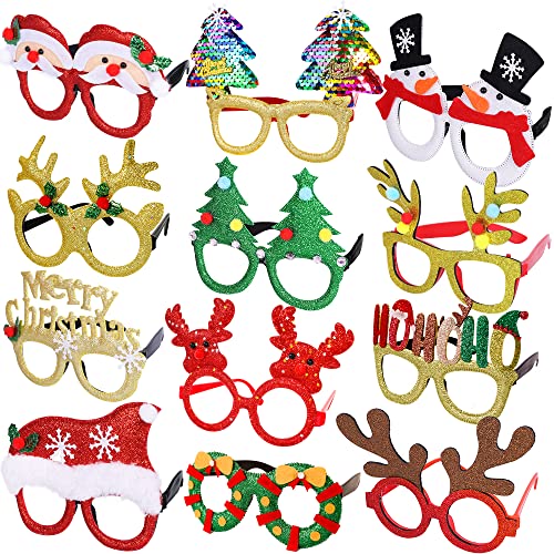 Max Fun 12Pcs Christmas Glasses Glitter Holiday Party Glasses Frames Christmas Decoration Accessories Costume Eyeglasses for Christmas Parties Holiday Favors (One Size Fits All)