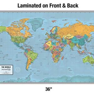 Laminated World Voyager Map Poster | Bright Style Map | Includes The Most Legible Location Labels | 36” x 24” | Shipped Rolled in a Tube, Not Folded | Great for The Home or Classroom