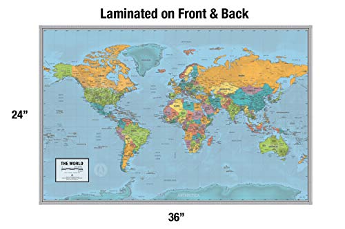 Laminated World Voyager Map Poster | Bright Style Map | Includes The Most Legible Location Labels | 36” x 24” | Shipped Rolled in a Tube, Not Folded | Great for The Home or Classroom