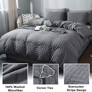 AveLom Seersucker Duvet Cover Set King Size (104 x 90 inches), 3 Pieces (1 Duvet Cover + 2 Pillow Cases), Dark Gray Ultra Soft Washed Microfiber, Textured Duvet Cover with Zipper Closure, Corner Ties