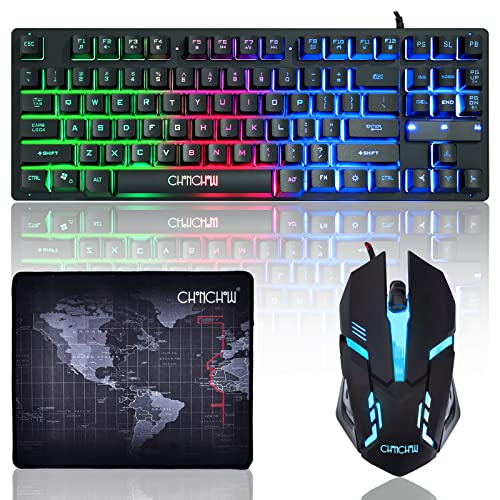 CHONCHOW 87 Keys TKL Gaming Keyboard and Mouse Combo, Wired LED Rainbow Backlit Keyboard 800-3200 DPI RGB Mouse, Gaming for PS4 Xbox PC Laptop Mac