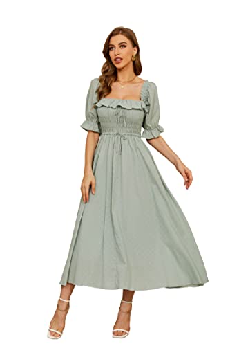 R.YIposha Women Vintage Elastic Square Neck Ruffled Half Sleeve Summer Backless Beach Flowy Maxi Dresses,16-18,Green