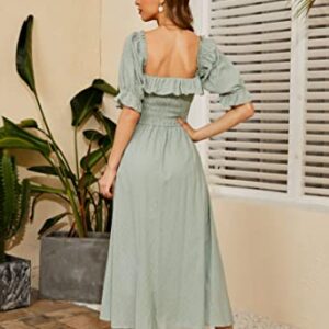 R.YIposha Women Vintage Elastic Square Neck Ruffled Half Sleeve Summer Backless Beach Flowy Maxi Dresses,16-18,Green