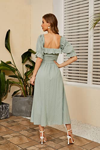 R.YIposha Women Vintage Elastic Square Neck Ruffled Half Sleeve Summer Backless Beach Flowy Maxi Dresses,16-18,Green