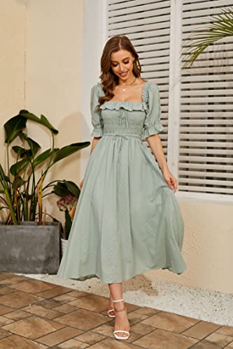 R.YIposha Women Vintage Elastic Square Neck Ruffled Half Sleeve Summer Backless Beach Flowy Maxi Dresses,16-18,Green