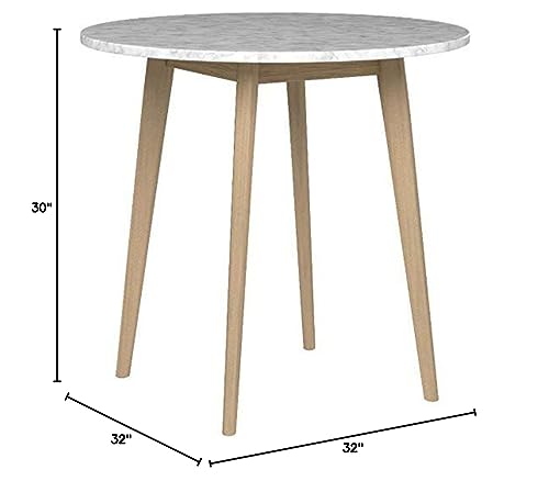 Nathan James Amalia Round Bistro Dining Table with Legs in Tan Wood Finish and Faux White Carrara Marble Top, Light Brown