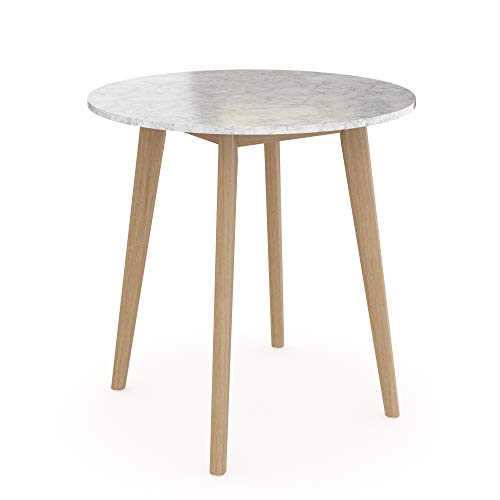 Nathan James Amalia Round Bistro Dining Table with Legs in Tan Wood Finish and Faux White Carrara Marble Top, Light Brown