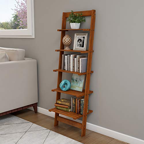 Lavish Home Ladder Bookshelf-5 Tier Leaning Decorative Shelves for Display, Cherry