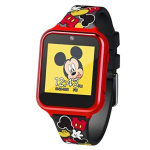 accutime kids disney mickey mouse red black educational learning touchscreen smart watch toy for boys, girls, toddlers - selfie cam, learning games, alarm, calculator, pedometer (model: mk4089az)