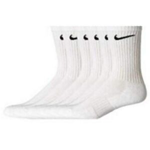 NIKE Dri-Fit Training Cotton Cushioned Crew Socks 6 PAIR White with Black Signature Swoosh Logo) LARGE 8-12