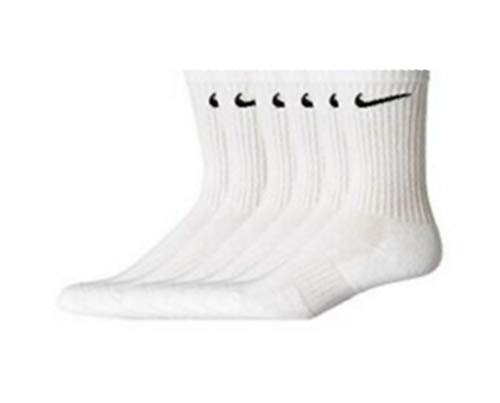 NIKE Dri-Fit Training Cotton Cushioned Crew Socks 6 PAIR White with Black Signature Swoosh Logo) LARGE 8-12