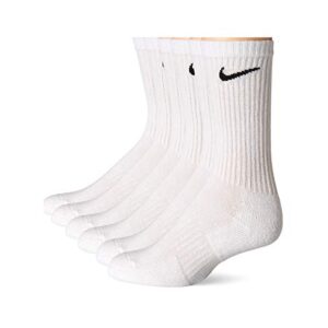 NIKE Dri-Fit Training Cotton Cushioned Crew Socks 6 PAIR White with Black Signature Swoosh Logo) LARGE 8-12