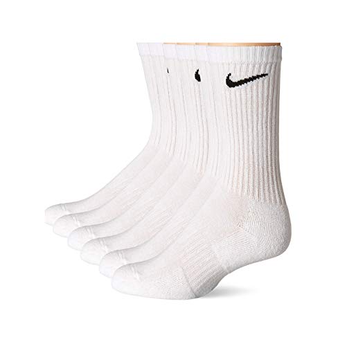 NIKE Dri-Fit Training Cotton Cushioned Crew Socks 6 PAIR White with Black Signature Swoosh Logo) LARGE 8-12