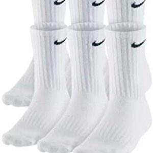 NIKE Dri-Fit Training Cotton Cushioned Crew Socks 6 PAIR White with Black Signature Swoosh Logo) LARGE 8-12