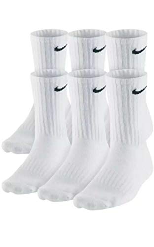 NIKE Dri-Fit Training Cotton Cushioned Crew Socks 6 PAIR White with Black Signature Swoosh Logo) LARGE 8-12