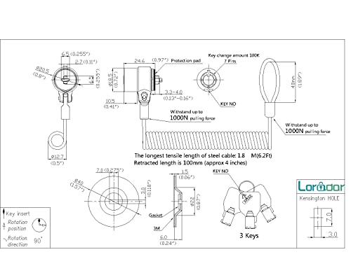 LORADAR Security Hardware Cable Lock Kit,Retractable Cable Lock Portable Keyed Laptop Lock 3 Keys 6.2Ft for Monitors, Laptops, MacBooks, Tablets, iPad,Mac Mini, (Keyed Different)