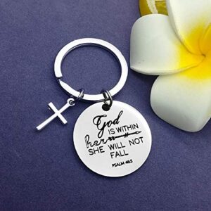 Christian Keychain Religious Verse Gift Prayer Charm Keychain Faith Religious Jewelry for Women Girls God Is Within Her She Will Not Fall Keychain Gift for Birthday Christmas