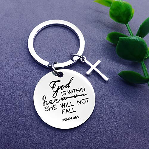 Christian Keychain Religious Verse Gift Prayer Charm Keychain Faith Religious Jewelry for Women Girls God Is Within Her She Will Not Fall Keychain Gift for Birthday Christmas