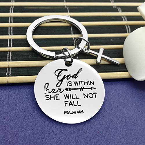 Christian Keychain Religious Verse Gift Prayer Charm Keychain Faith Religious Jewelry for Women Girls God Is Within Her She Will Not Fall Keychain Gift for Birthday Christmas