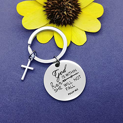 Christian Keychain Religious Verse Gift Prayer Charm Keychain Faith Religious Jewelry for Women Girls God Is Within Her She Will Not Fall Keychain Gift for Birthday Christmas