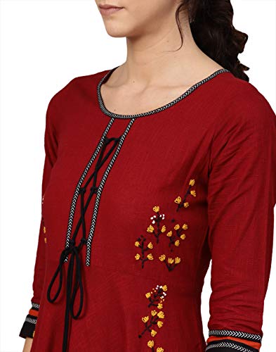 Yash Gallery Women's Cotton Slub Embroidered Anarkali Kurtis (Maroon)