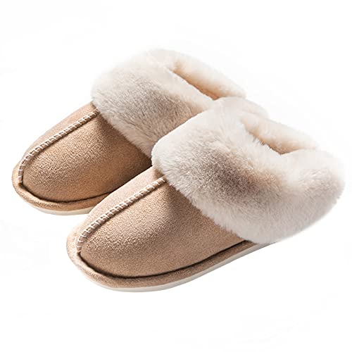 WATMAID Women's House Slippers Memory Foam Fluffy Soft Slippers, Slip on Winter Warm Shoes for Women, Khaki, 8-9 B(M) US