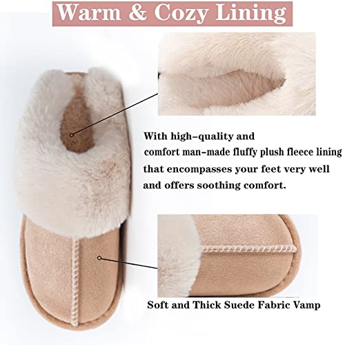 WATMAID Women's House Slippers Memory Foam Fluffy Soft Slippers, Slip on Winter Warm Shoes for Women, Khaki, 8-9 B(M) US