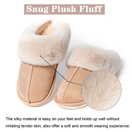 WATMAID Women's House Slippers Memory Foam Fluffy Soft Slippers, Slip on Winter Warm Shoes for Women, Khaki, 8-9 B(M) US