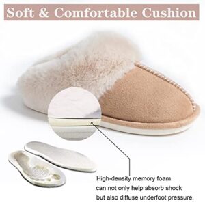 WATMAID Women's House Slippers Memory Foam Fluffy Soft Slippers, Slip on Winter Warm Shoes for Women, Khaki, 8-9 B(M) US