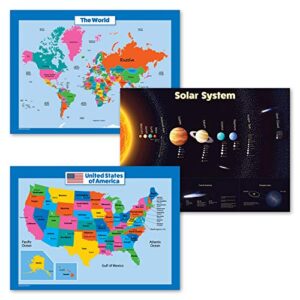 3 pack - usa & world map for kids + solar system poster set (laminated, 18" x 24")