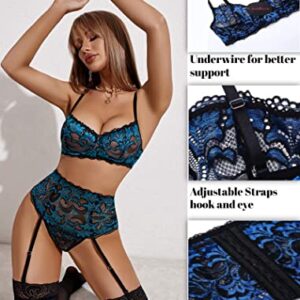 Avidlove Women Lace Lingerie Set with Garter Belt High Waist Bra and Panty Set Sexy Boudoir Outfits (Blue,XL)