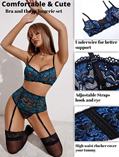 Avidlove Women Lace Lingerie Set with Garter Belt High Waist Bra and Panty Set Sexy Boudoir Outfits (Blue,XL)