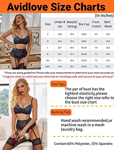 Avidlove Women Lace Lingerie Set with Garter Belt High Waist Bra and Panty Set Sexy Boudoir Outfits (Blue,XL)