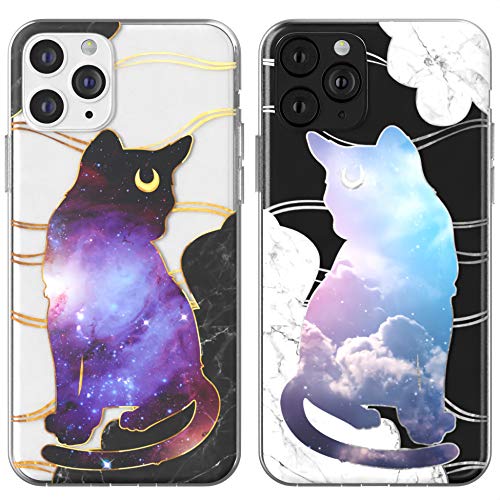 Toik Matching Couple Cases for Apple iPhone 11 Pro Xs Max Xr 10 X 8 Plus 7 6s 5s SE Marble Cute Lightweight Girly Girlfriend Boyfriend TPU Space Cats Print Sky Protective Soulmate Flexible Moon Clouds