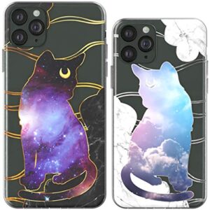 Toik Matching Couple Cases for Apple iPhone 11 Pro Xs Max Xr 10 X 8 Plus 7 6s 5s SE Marble Cute Lightweight Girly Girlfriend Boyfriend TPU Space Cats Print Sky Protective Soulmate Flexible Moon Clouds