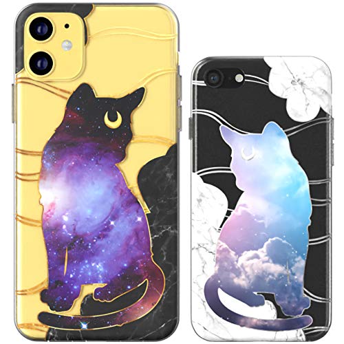 Toik Matching Couple Cases for Apple iPhone 11 Pro Xs Max Xr 10 X 8 Plus 7 6s 5s SE Marble Cute Lightweight Girly Girlfriend Boyfriend TPU Space Cats Print Sky Protective Soulmate Flexible Moon Clouds