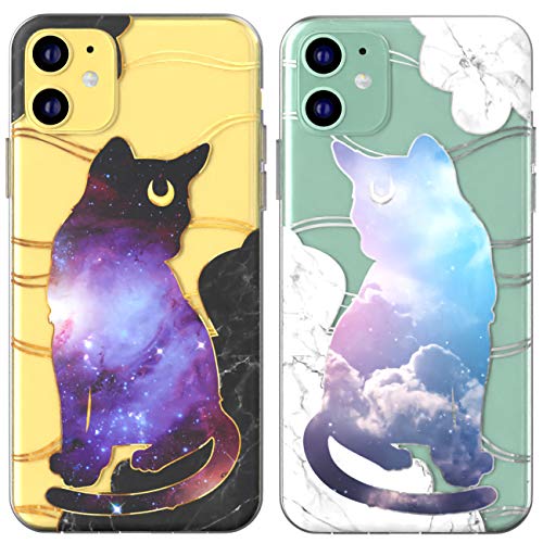 Toik Matching Couple Cases for Apple iPhone 11 Pro Xs Max Xr 10 X 8 Plus 7 6s 5s SE Marble Cute Lightweight Girly Girlfriend Boyfriend TPU Space Cats Print Sky Protective Soulmate Flexible Moon Clouds